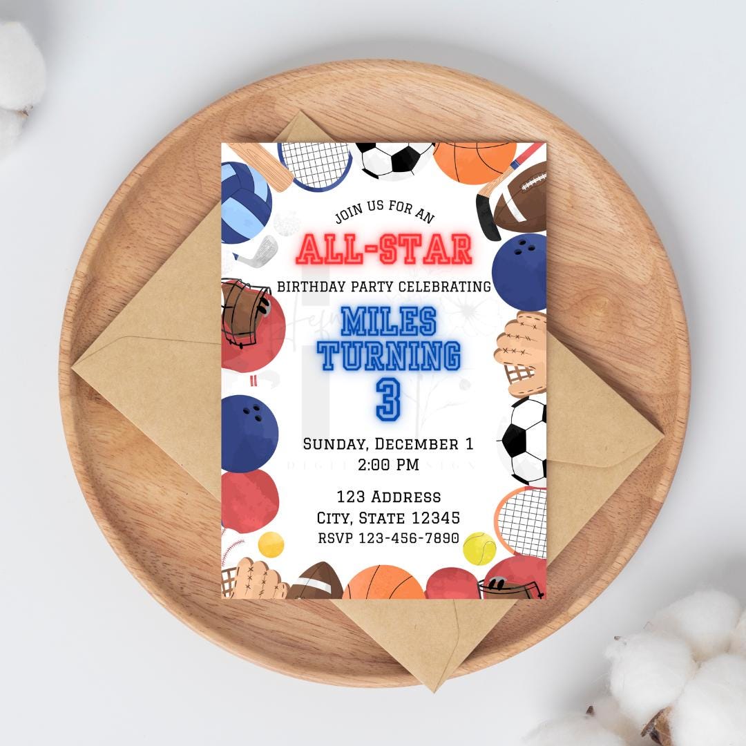All Star Birthday Party Invitation, Sports Themed Birthday Invitation ...