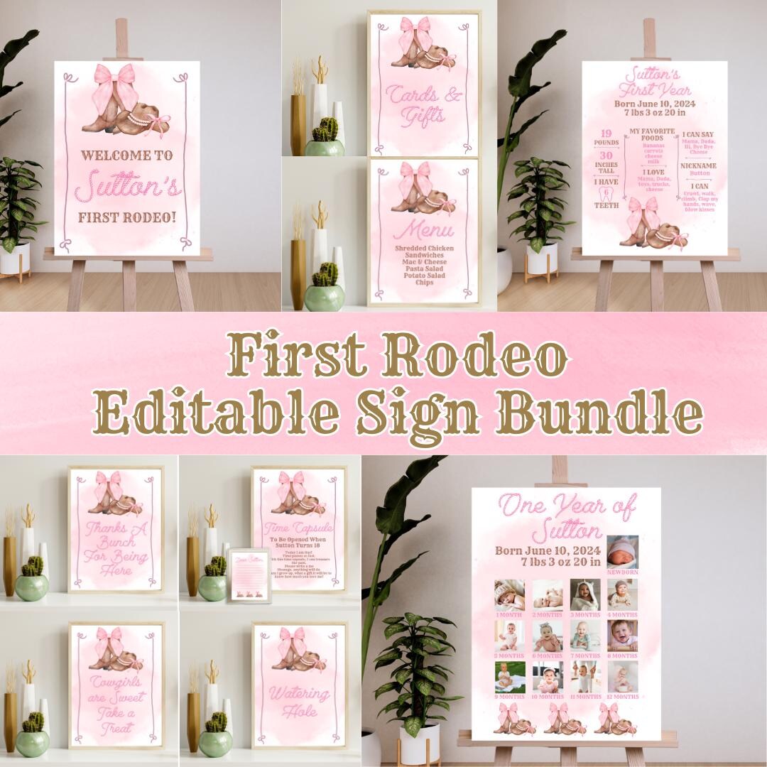 Pink Bow Rodeo Birthday Sign Template Bundle, Pink Bow Rodeo Birthday ...