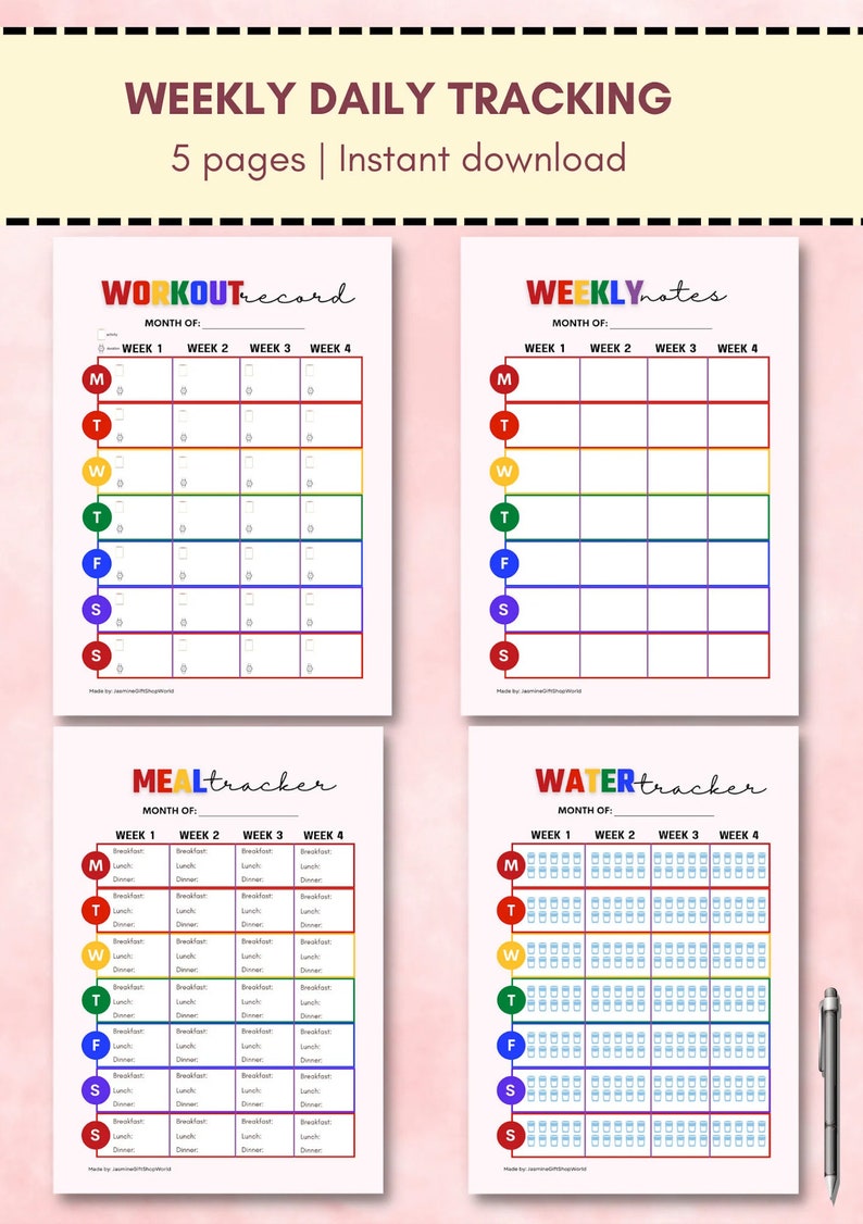 Fitness Planner Printable Workout Records Water Tracker Meal Tracker ...