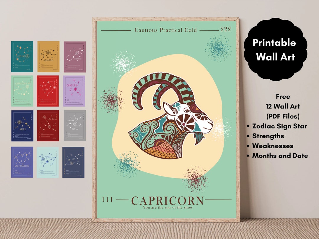Capricorn Zodiac Sign Printable Wall Art Strengths and Weaknesses 12 ...