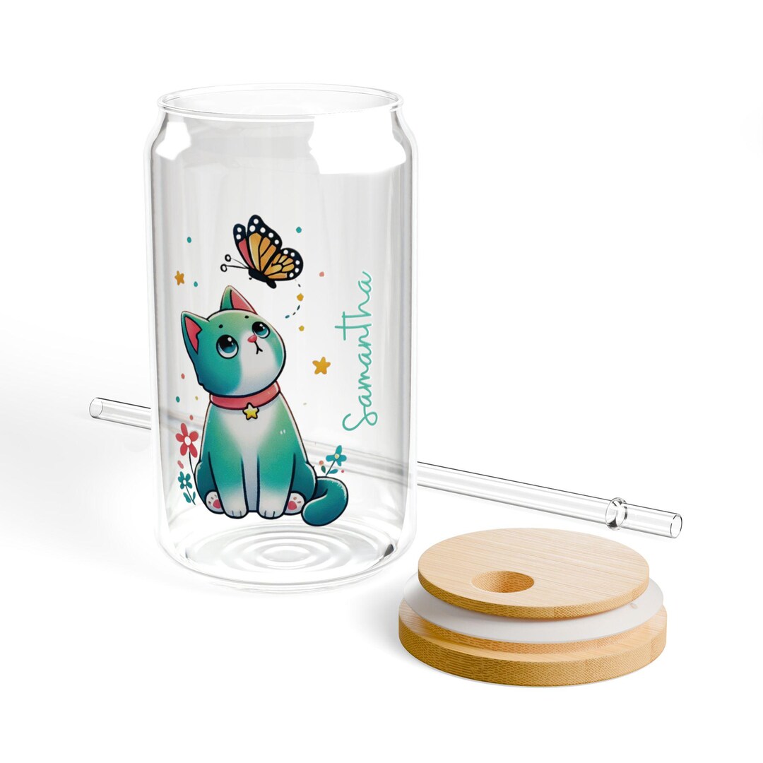 Personalized Cat Sipper Glass, Butterfly Design Glass With Name, Cute ...
