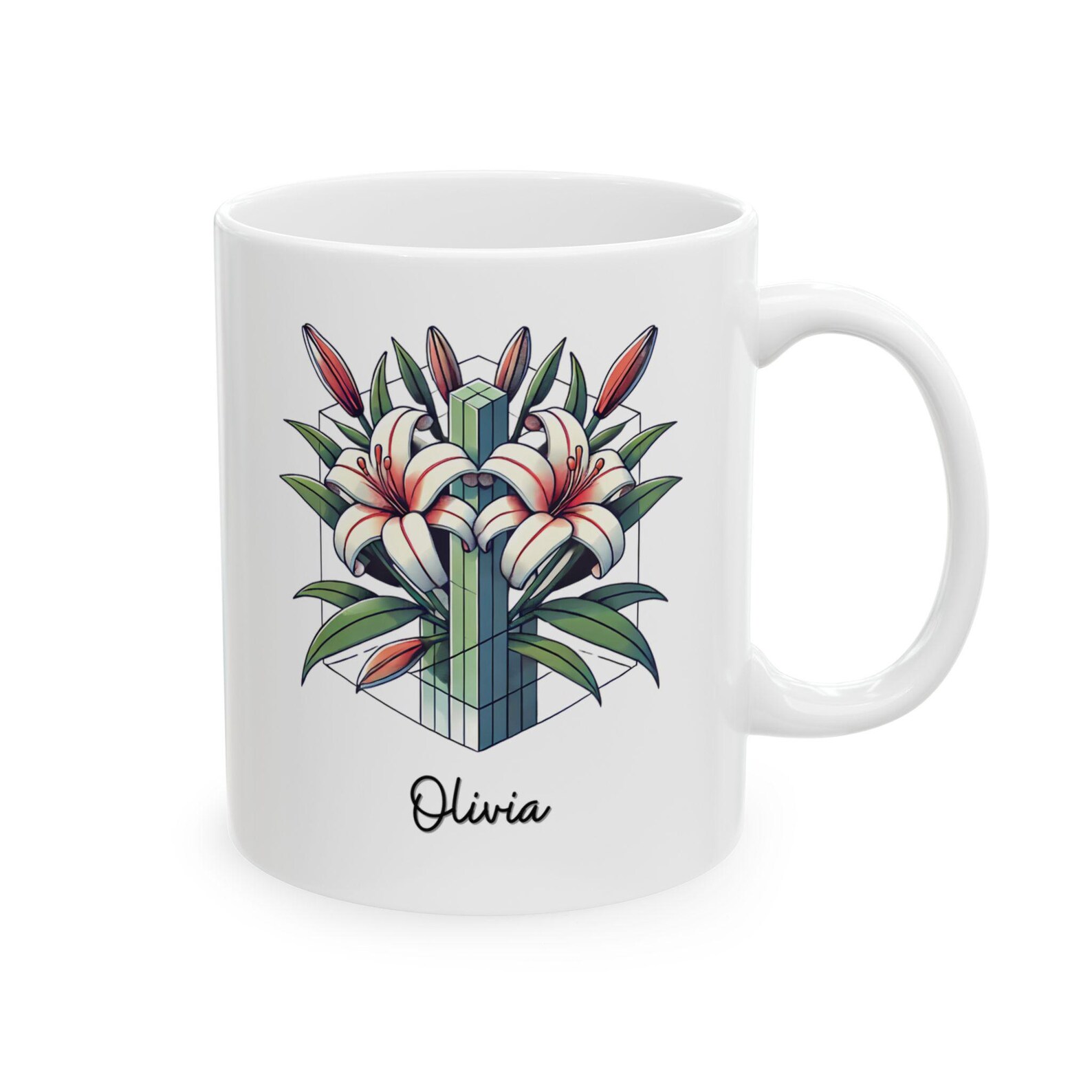 Personalized Isometric Lily Floral Mug, Custom Name Geometric Lily Mug ...