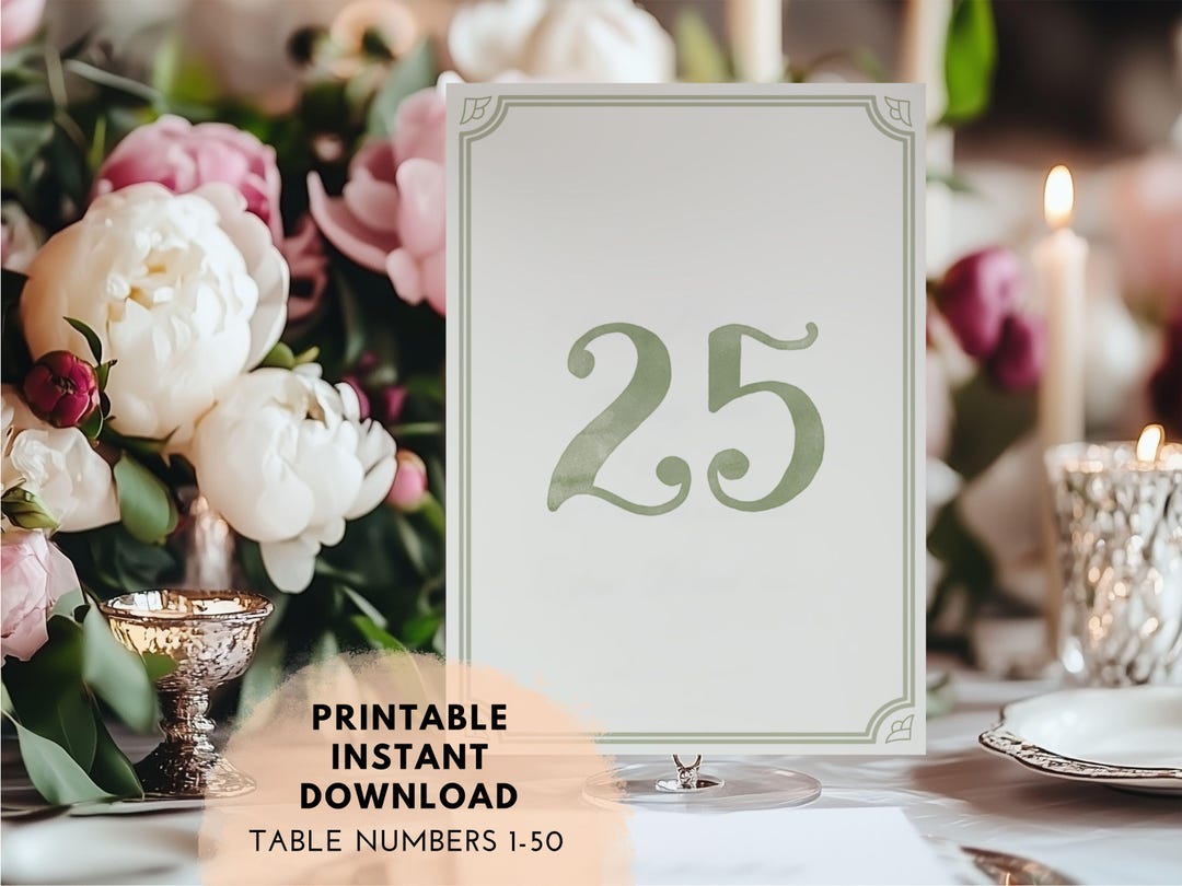 Watercolor Table Numbers, Sage Table Numbers, Printable Table Numbers ...