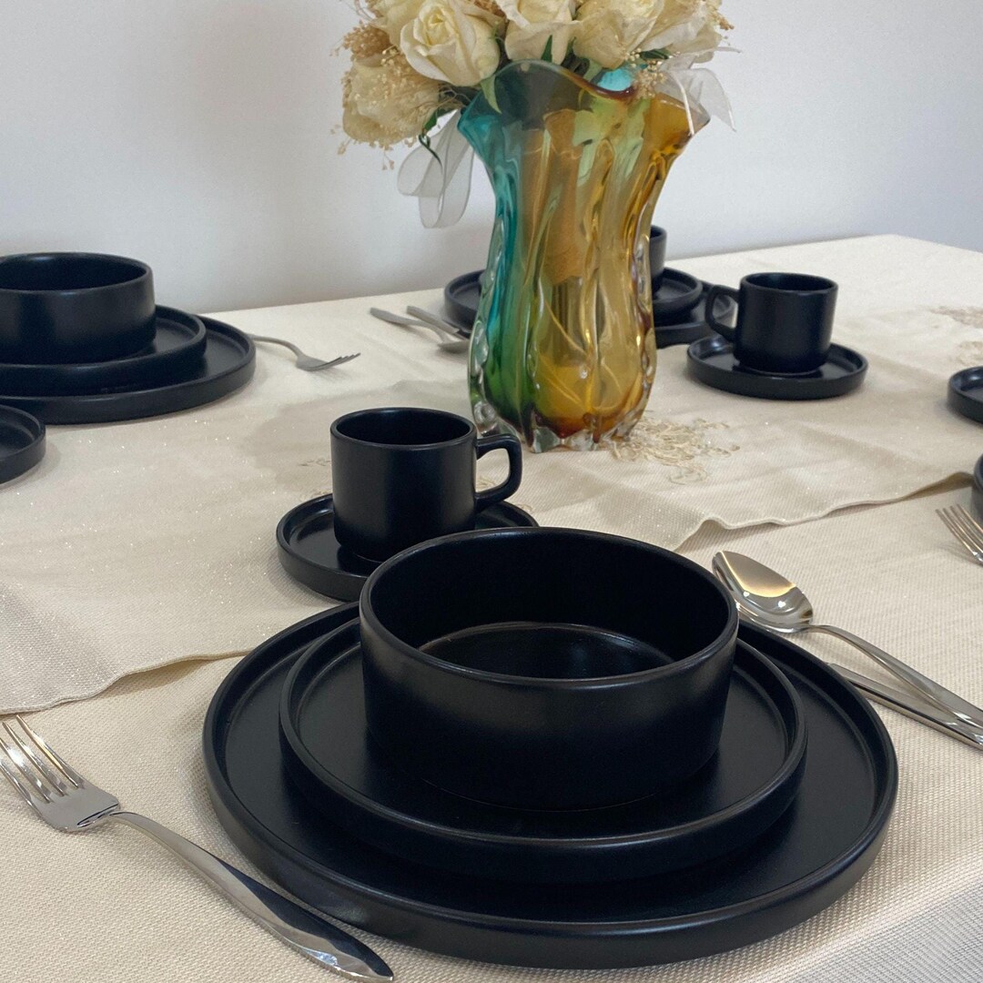 Black Ceramic Dinnerware Set , Tableware Set for 1, 2, 4, 6, 8, 10, 12 ...