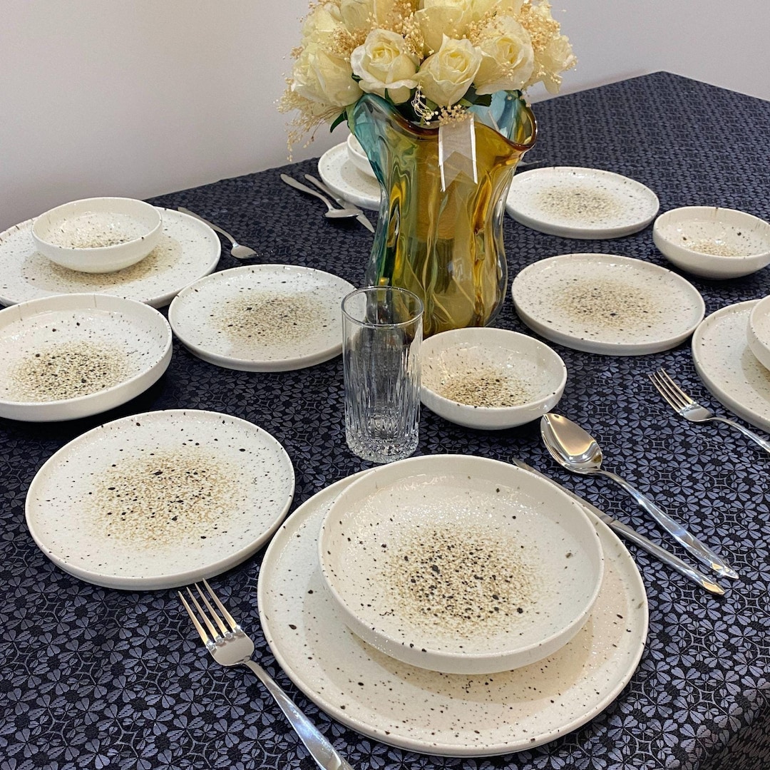 Rustic Beige Porcelain Dinnerware Set: Serving Bowls & Plates - Etsy