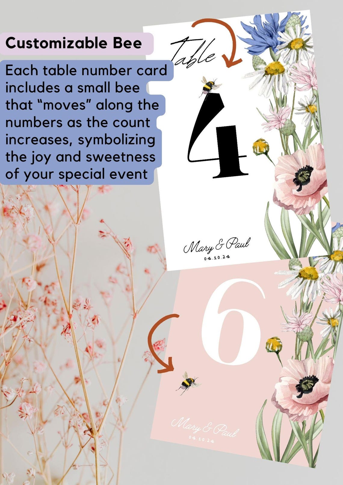 Wedding or Baby Shower Table Numbers | Romantic Wildflowers BEE ...