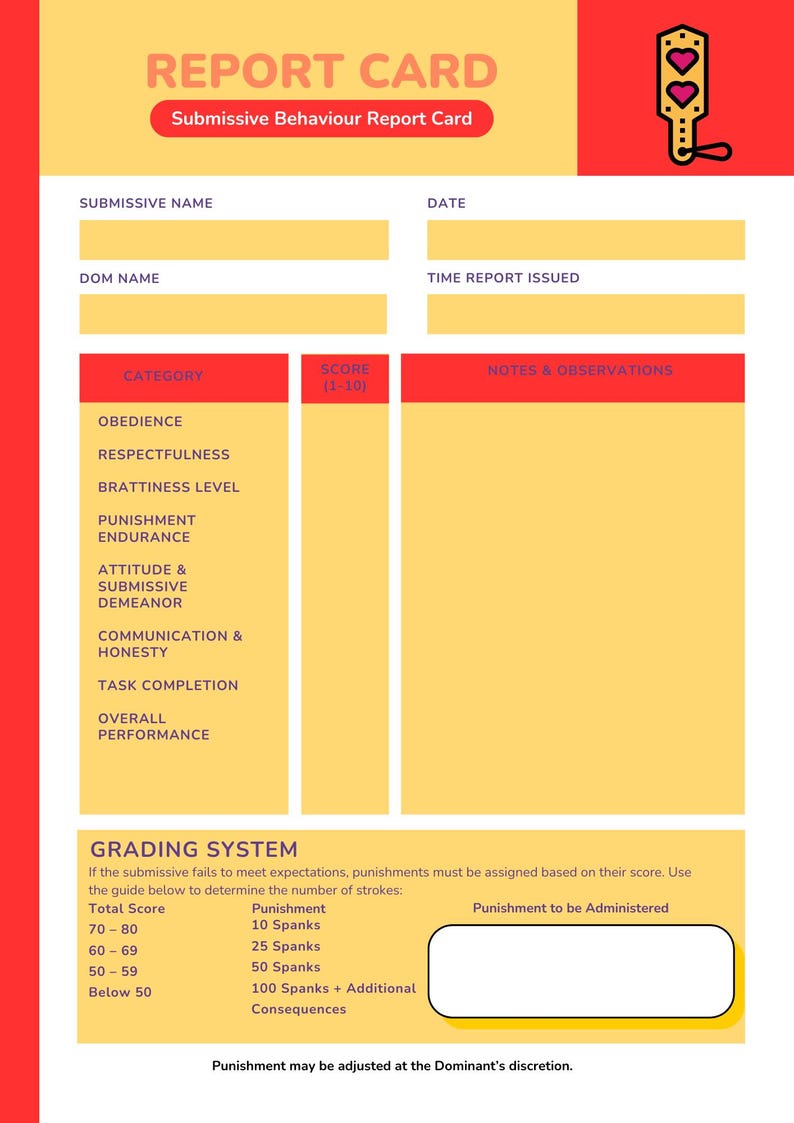 Submissive Report Card – BDSM Discipline Tracker D/s Couples | Weekly ...
