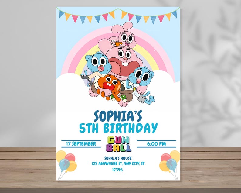 Birthday Invitation Gumball Editable Template Digital Party Invite ...