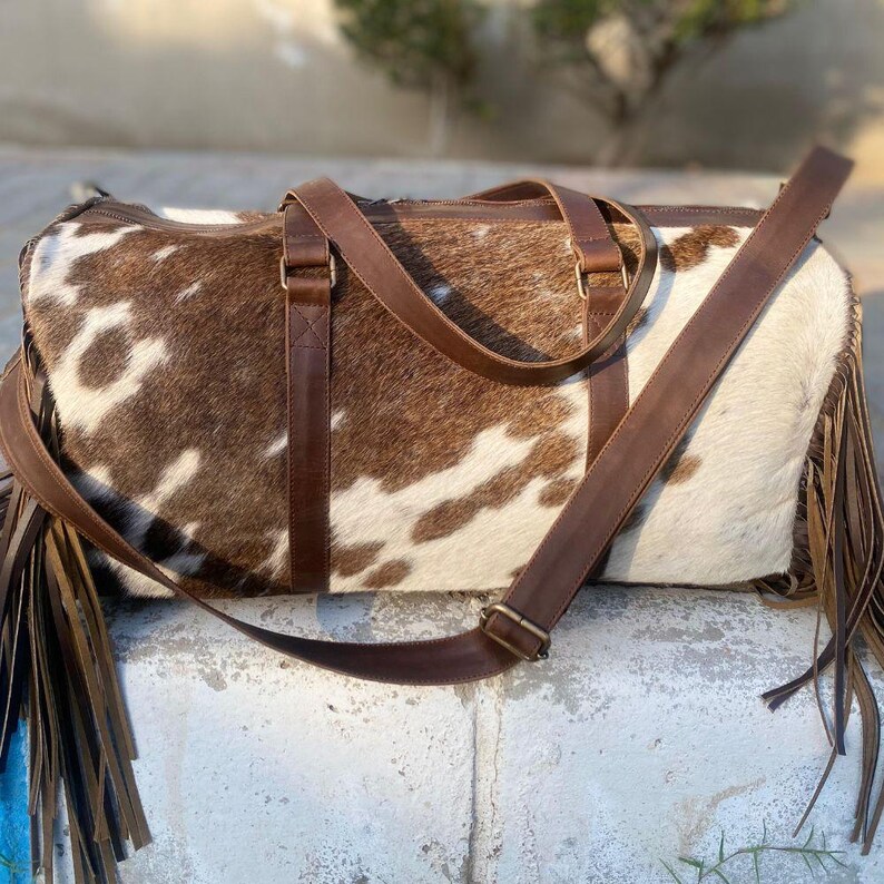Real Cowhide Duffel Bag With Fringes, Stylish Leather Holdall for ...