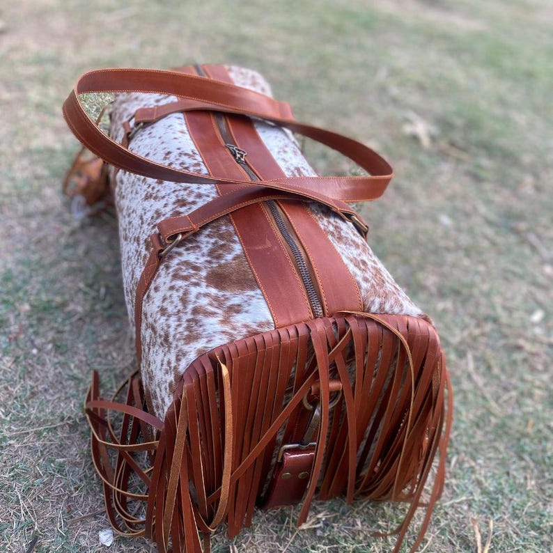 Real Cowhide Duffel Bag With Fringes, Stylish Leather Holdall for ...