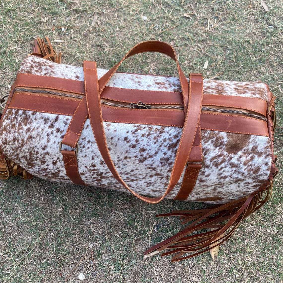 Real Cowhide Duffel Bag With Fringes, Stylish Leather Holdall for ...