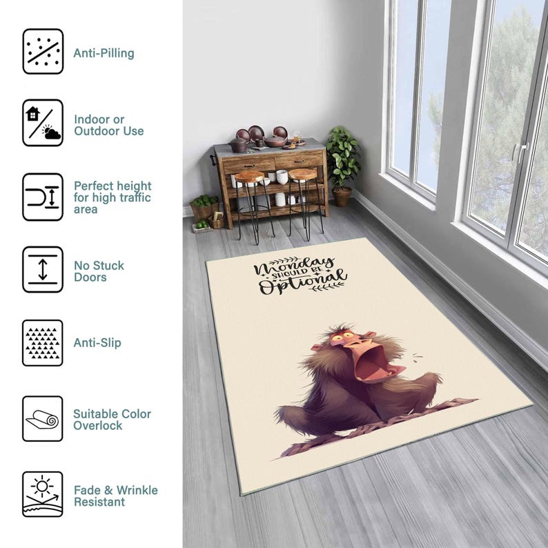Monday Should Be Optional Rug - Funny Yawning Baboon Area Rug, Washable ...