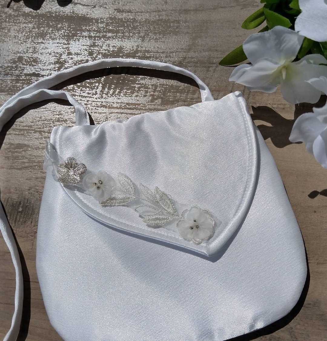First Communion Purse, Bright White Satin Purse, Flower Girl, Church ...