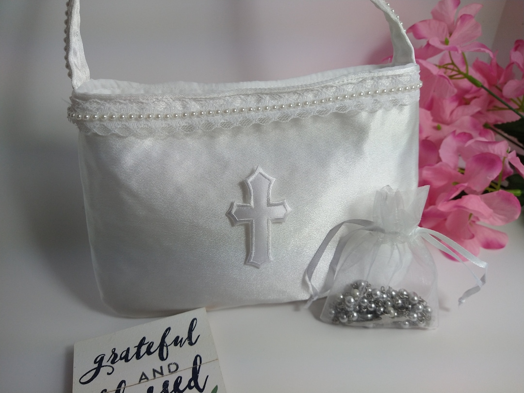 First Communion Purse, Bright White Satin Purse, Flower Girl, Church ...