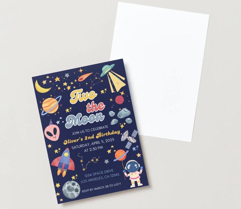 Two the Moon | Space-themed 2nd Birthday Invitation | Editable Template ...