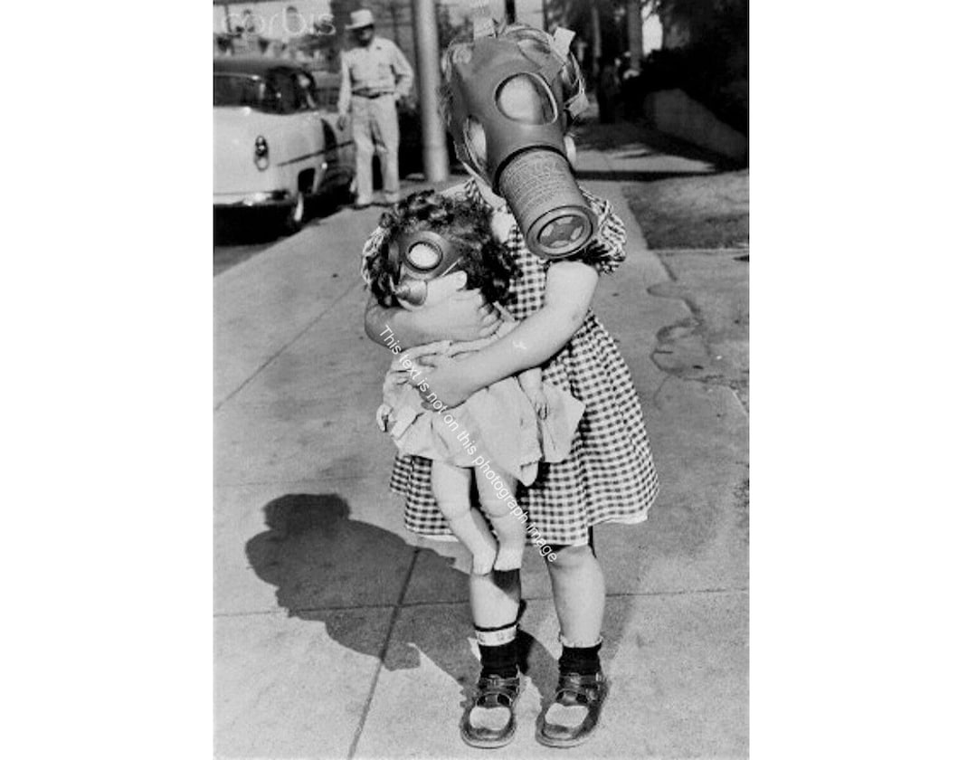 Young Girl in Gas Mask With Doll WW2 Vintage Photo Little Child Weird ...
