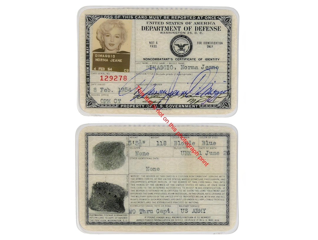 Marilyn Monroe 1954 Drivers License ID Norma Jeane Dimaggio Dept of ...
