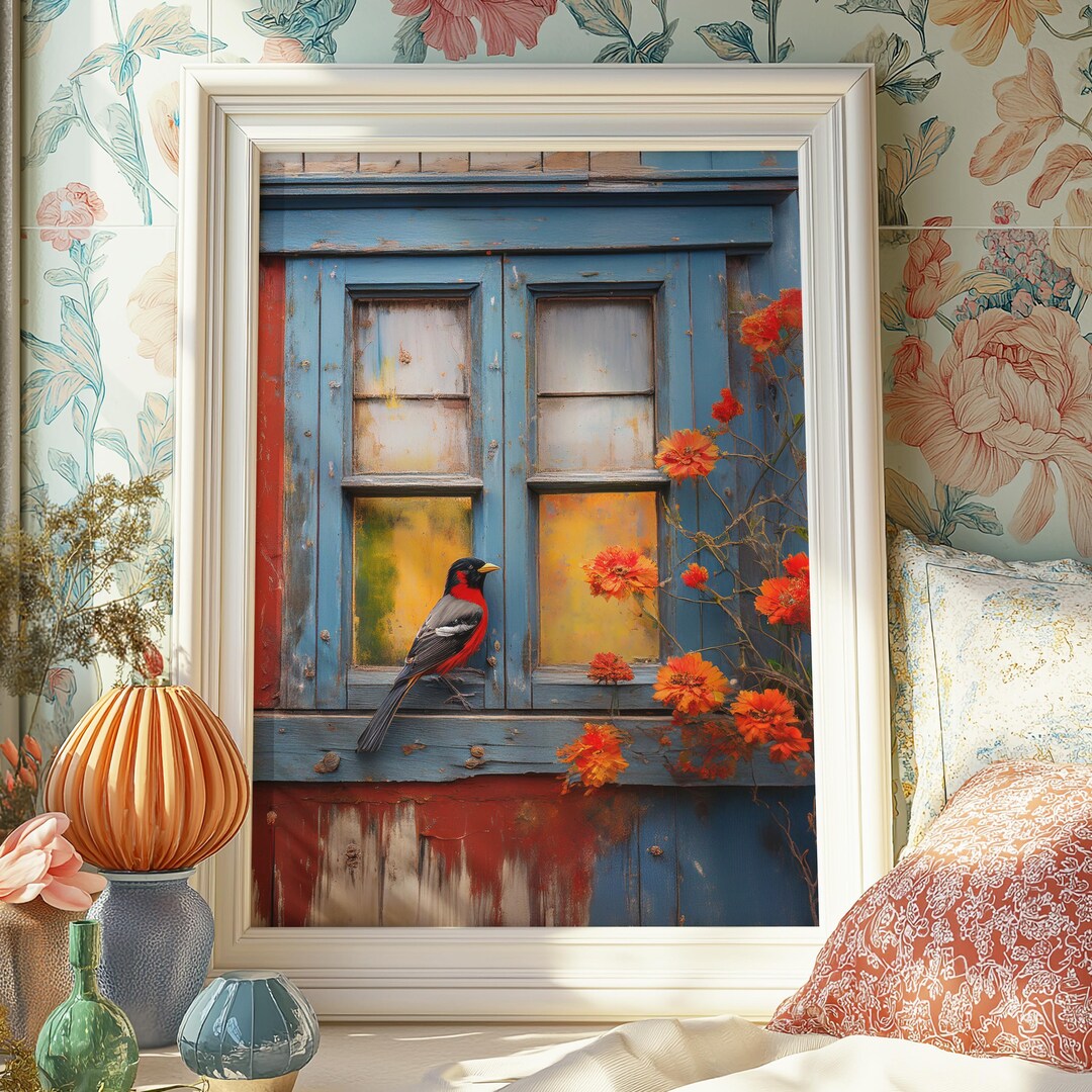 Rustic Charm Window Art Print With Vibrant Red Bird, Vintage Inspired ...