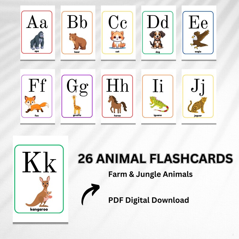 ABC Flashcards for Kids, Jungle & Farm Animal Alphabet Cards ...
