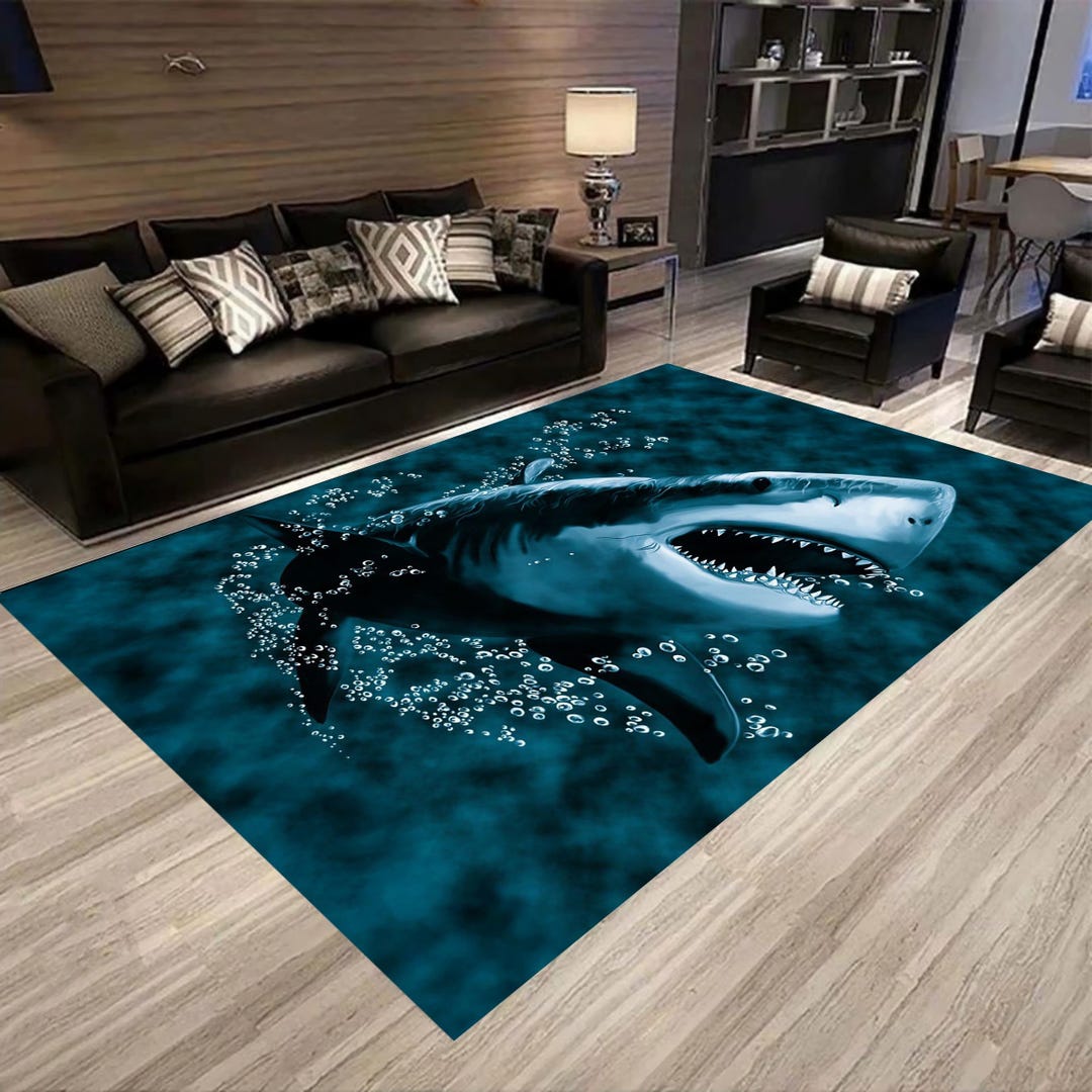 Blue Shark Rug, Shark Art, Ocean View Floor Rug, Undersea Rug, Animal ...