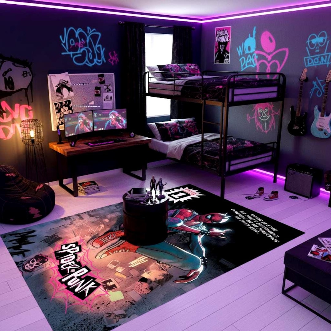 Spider Punk Superhero Area Rug, Comic Style Graffiti Carpet, Urban Hero ...