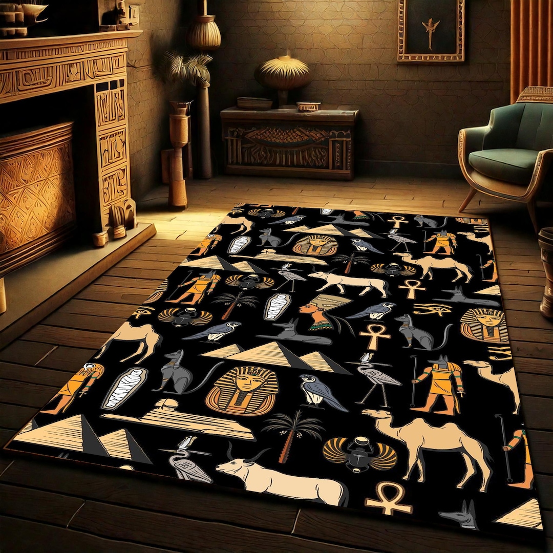 Egyptian Legend Area Rug: Black Pattern, Personalized Printed Rug - Etsy