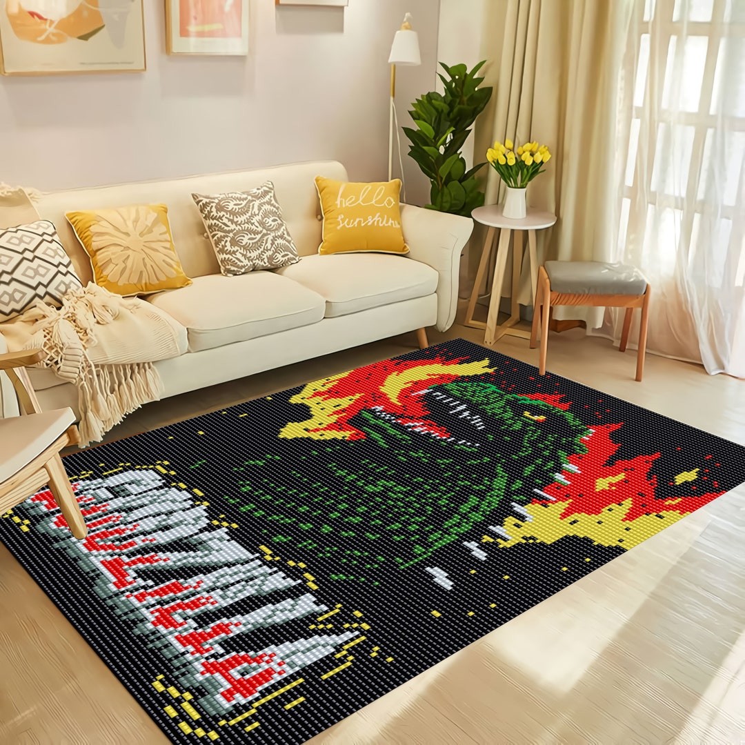 Godzilla Pixel Rug, Square Grid Pattern Rug, Pixel-art Rug, Retro ...