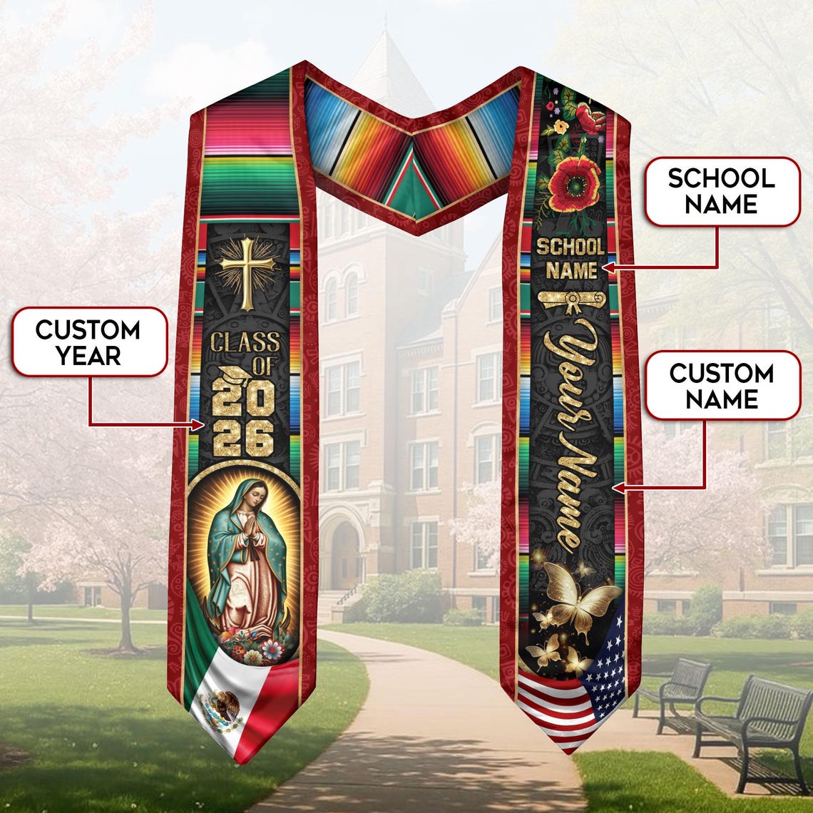 Custom Mexican Graduation Stole, Mexican Flag Graduation Sash 2026 ...
