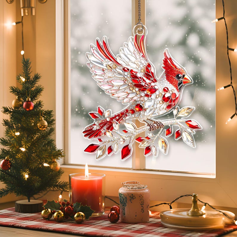 Red Cardinal Bird Acrylic Suncatcher, Cardinal Acrylic Window Hanging ...