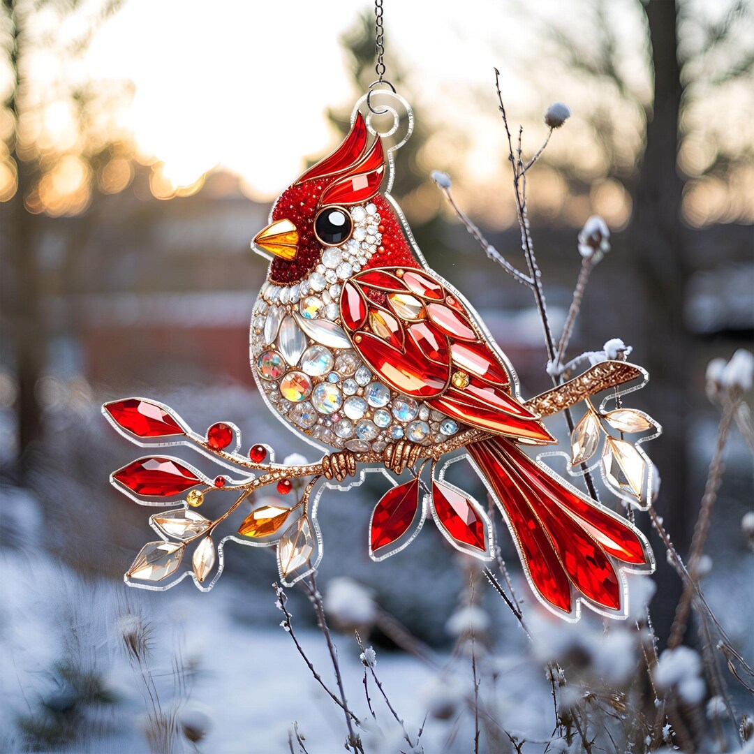 Red Cardinal Bird Acrylic Suncatcher, Cardinal Acrylic Window Hanging ...