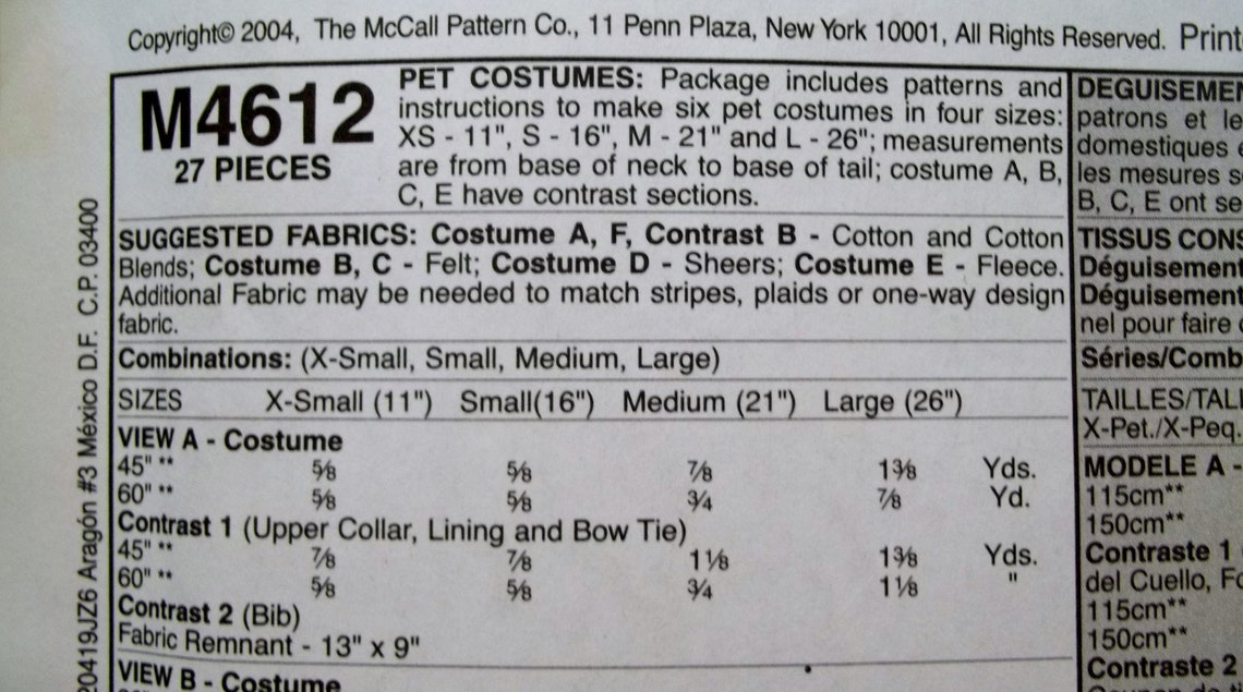 Seasonal Dog Costumes Mccall's M4612 Craft Sewing Pattern - Etsy