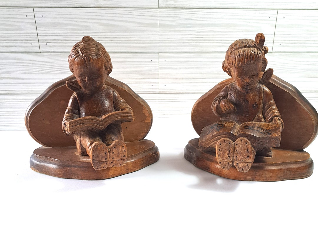Carved Boy and Girl Bookends Vintage Reading Children Book - Etsy