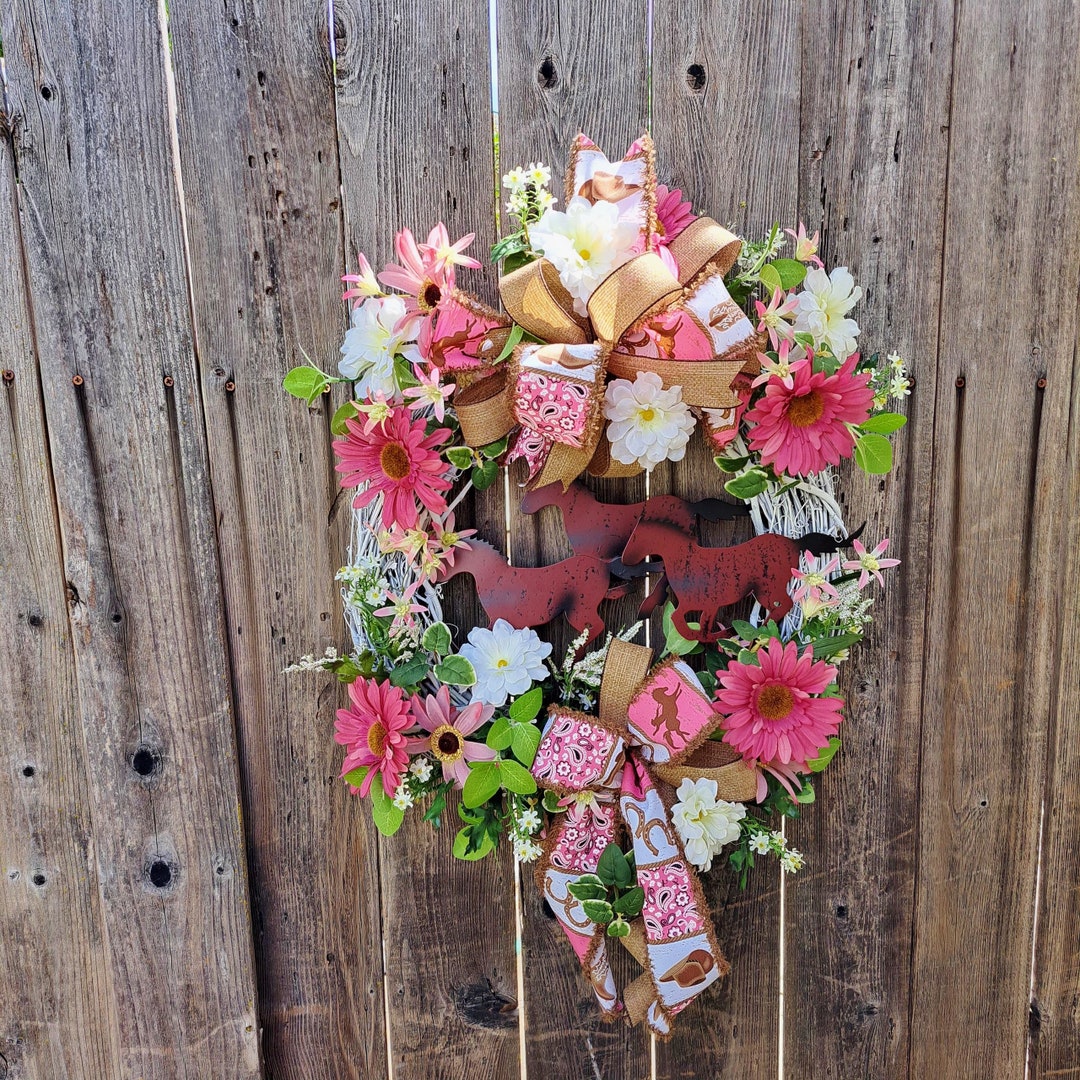 Horse Wreath for Front Door, Rodeo Fan, Horse Lover, Pink Florals ...