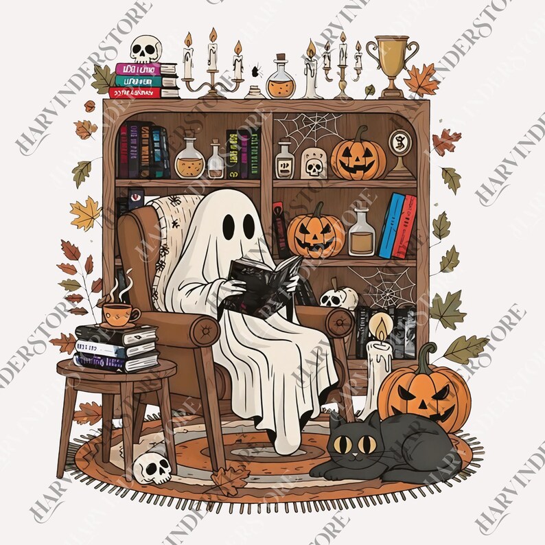 Retro Cozy Ghost Reading Books Png, Haunting Adeline Digital, Library ...