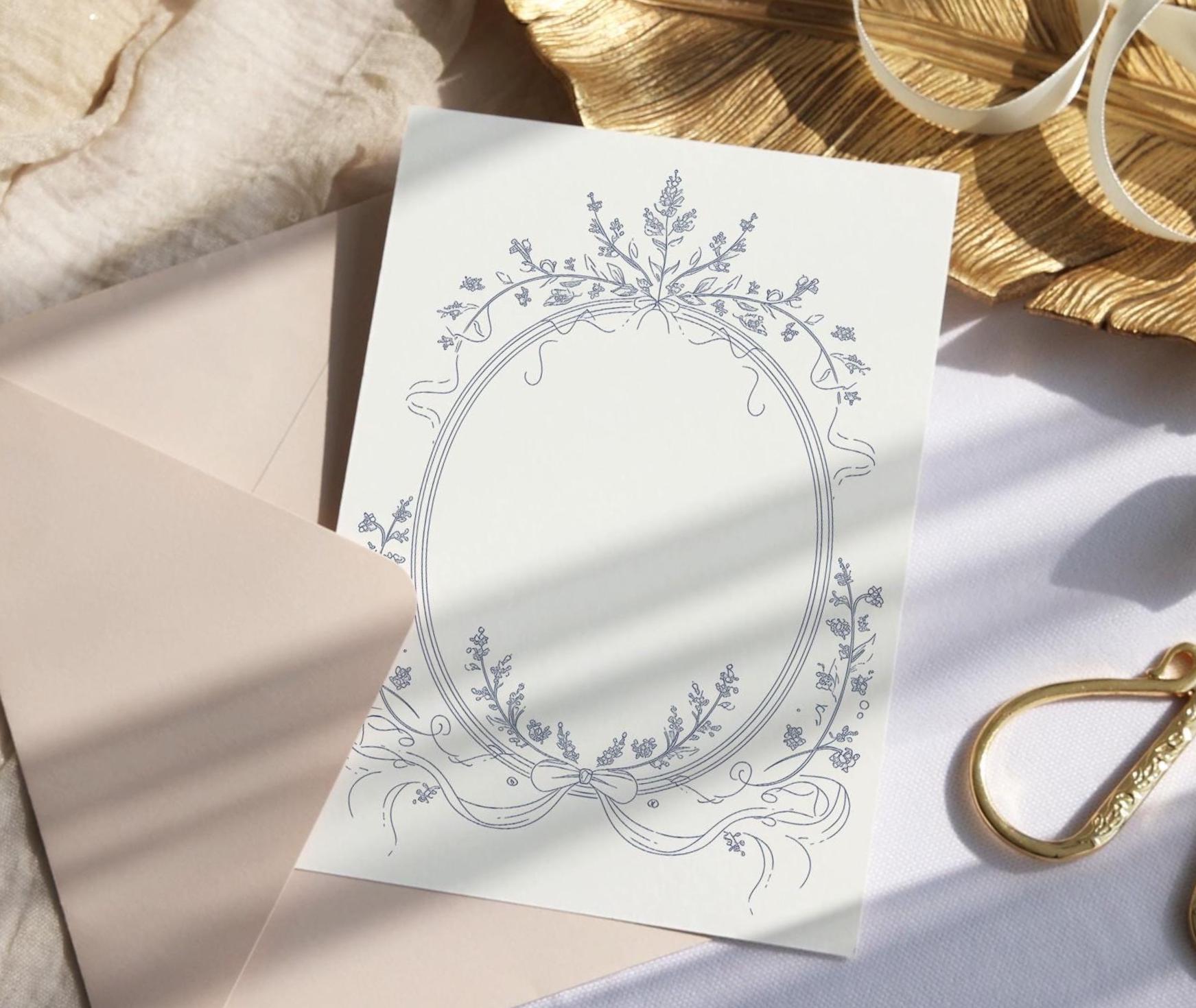 Floral Wedding Crest Frame PNG | Fine Line Invitation Design (digital ...
