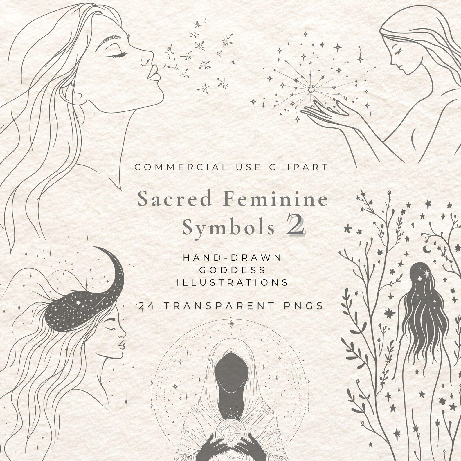 Goddess Symbols Fine Line Clipart | Boho Tattoo Logo Elements (24 PNG ...