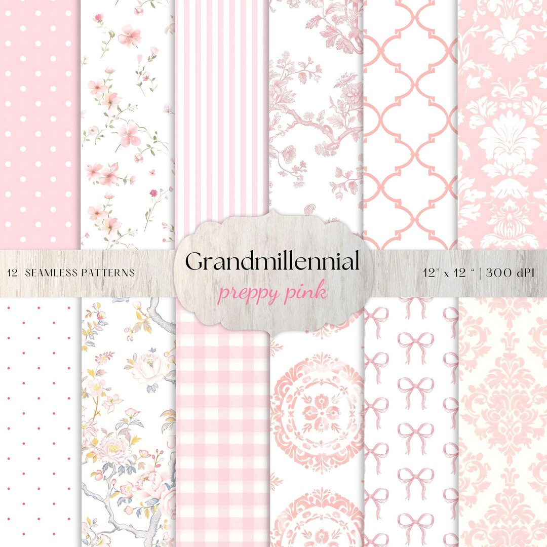 Grandmillennial Seamless Patterns | Pink Preppy Digital Paper Pack | 12 ...
