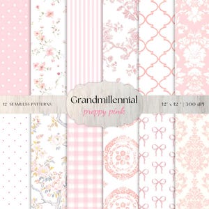 Grandmillennial Seamless Patterns | Pink Preppy Digital Paper Pack | 12 ...