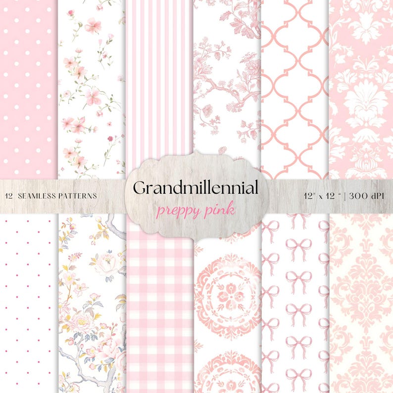 Grandmillennial Seamless Patterns | Pink Preppy Digital Paper Pack | 12 ...