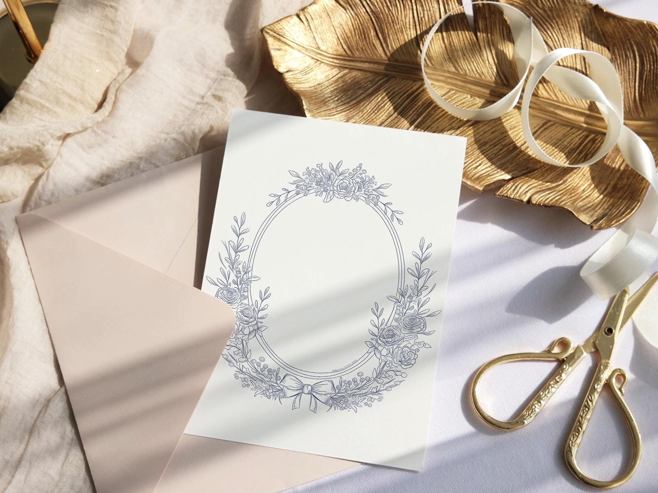 Floral Wedding Crest Frame PNG | Fine Line Invitation Design (digital ...