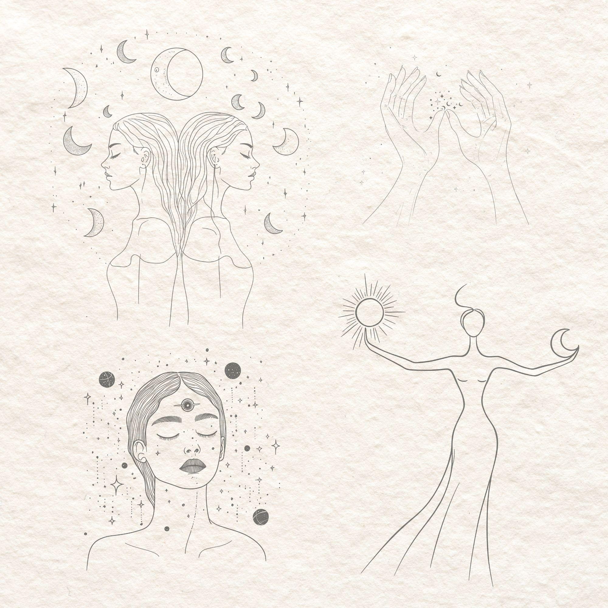 Goddess Symbols Fine Line Clipart | Boho Tattoo Logo Elements (24 PNG ...