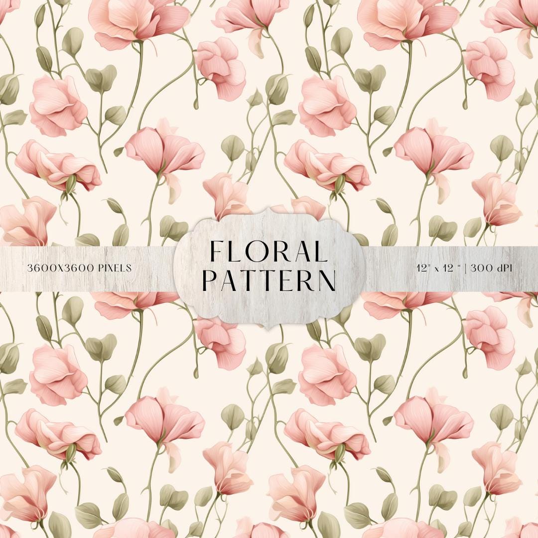 Vintage Pink Sweet Pea Seamless Pattern Background | Digital Download ...