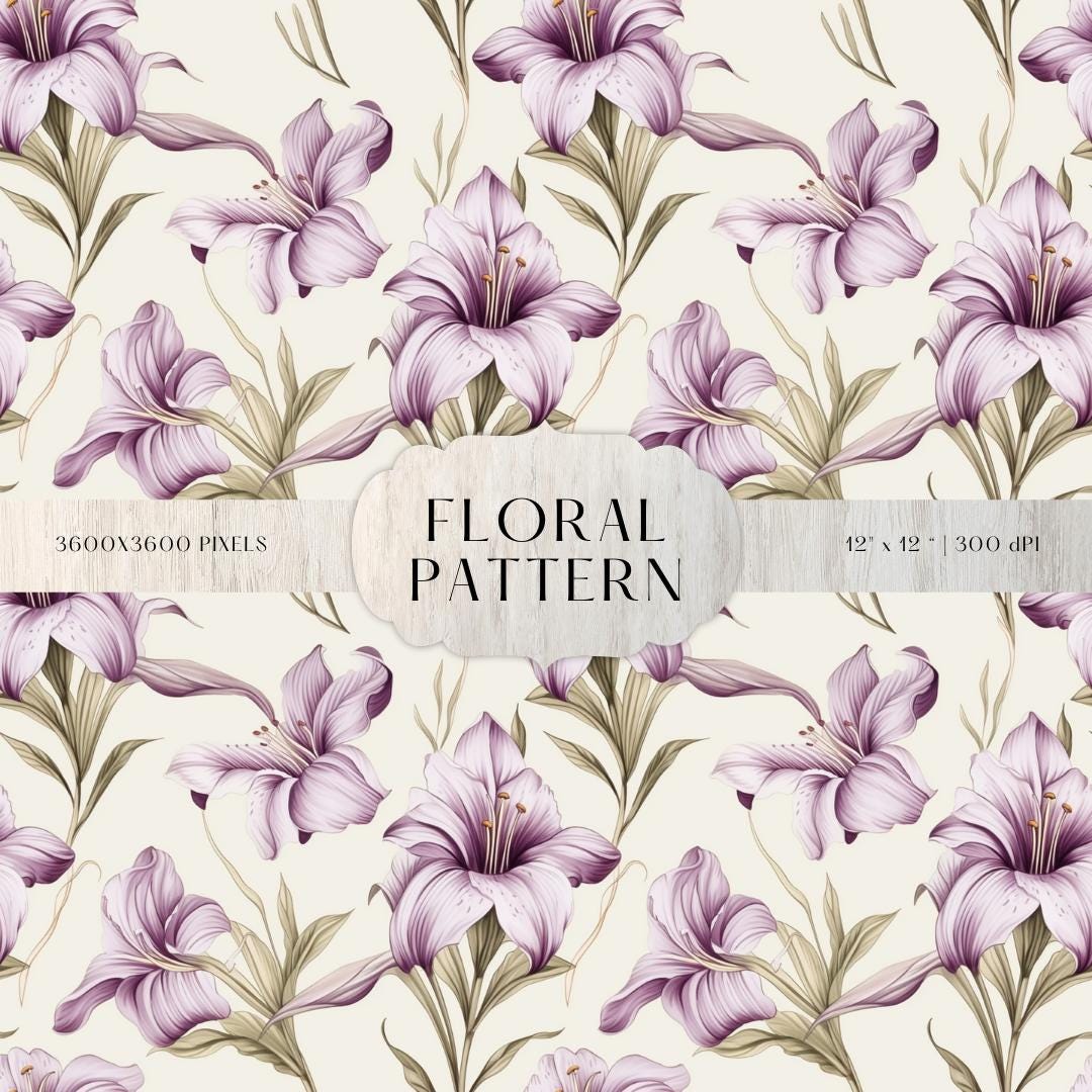 Vintage Lily Floral Pattern | Light Purple Seamless Design (digital ...