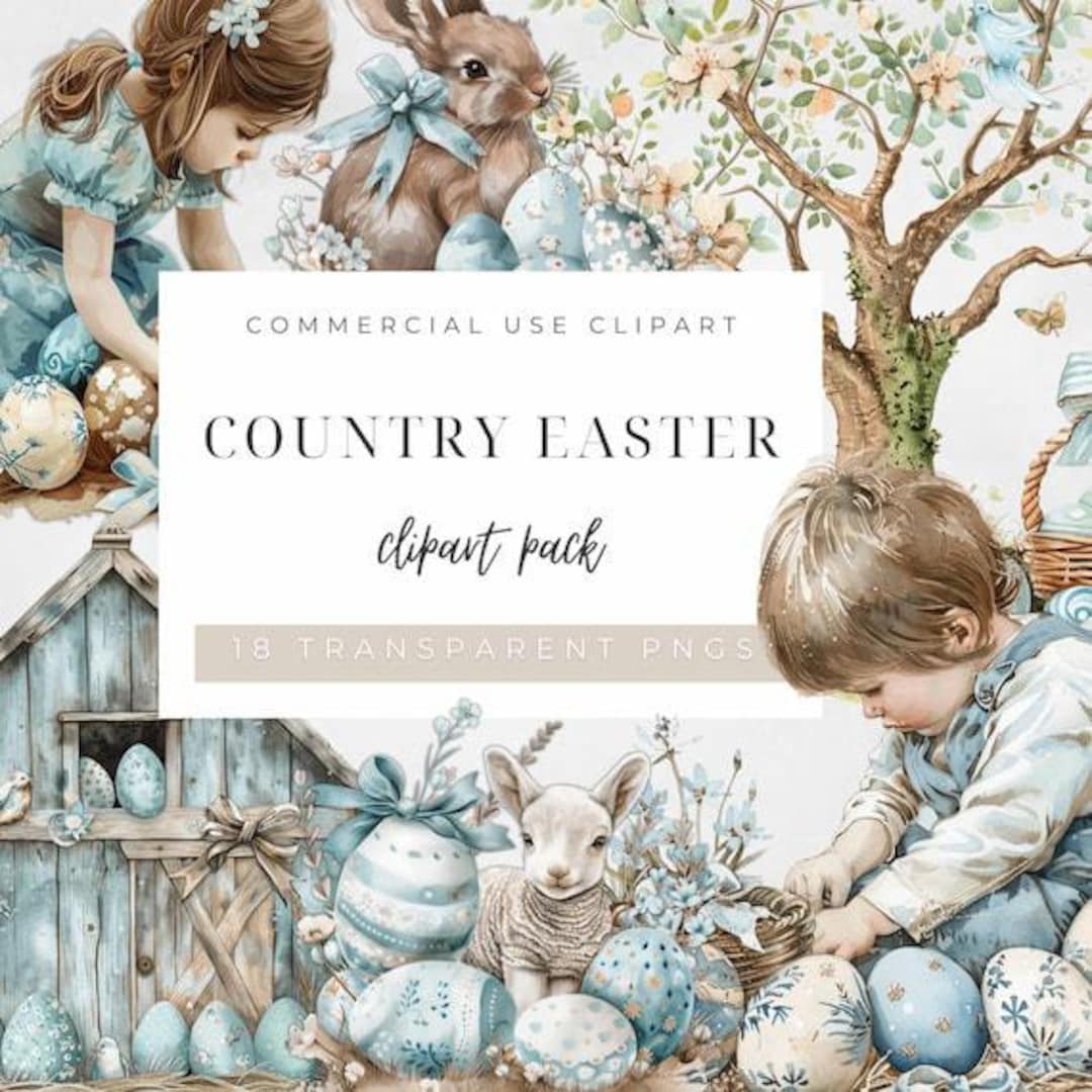 Country Easter Watercolor Clipart | Pastel Blue Easter PNG | Farmhouse ...