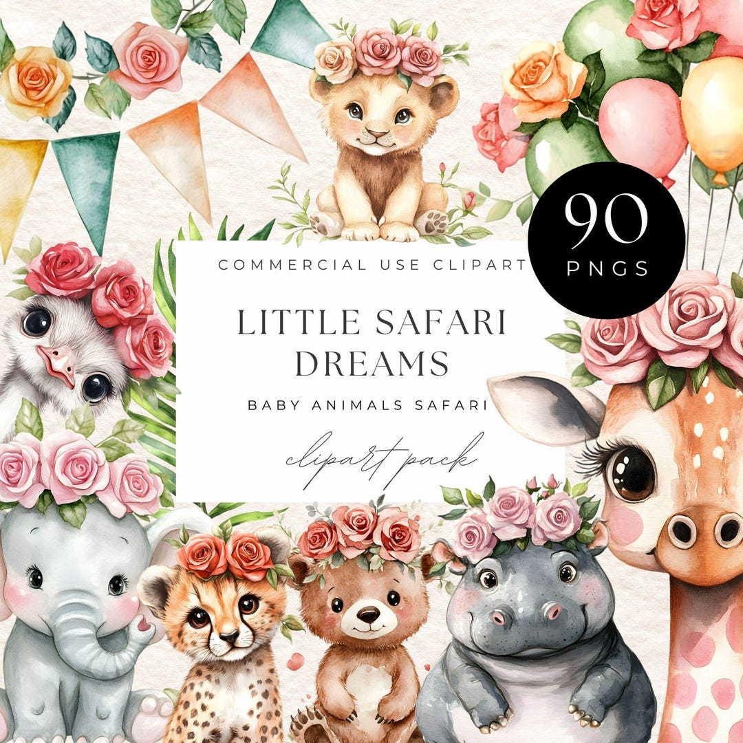 Watercolor Safari Animals Clipart | 90 Baby Floral Jungle Animals PNG ...