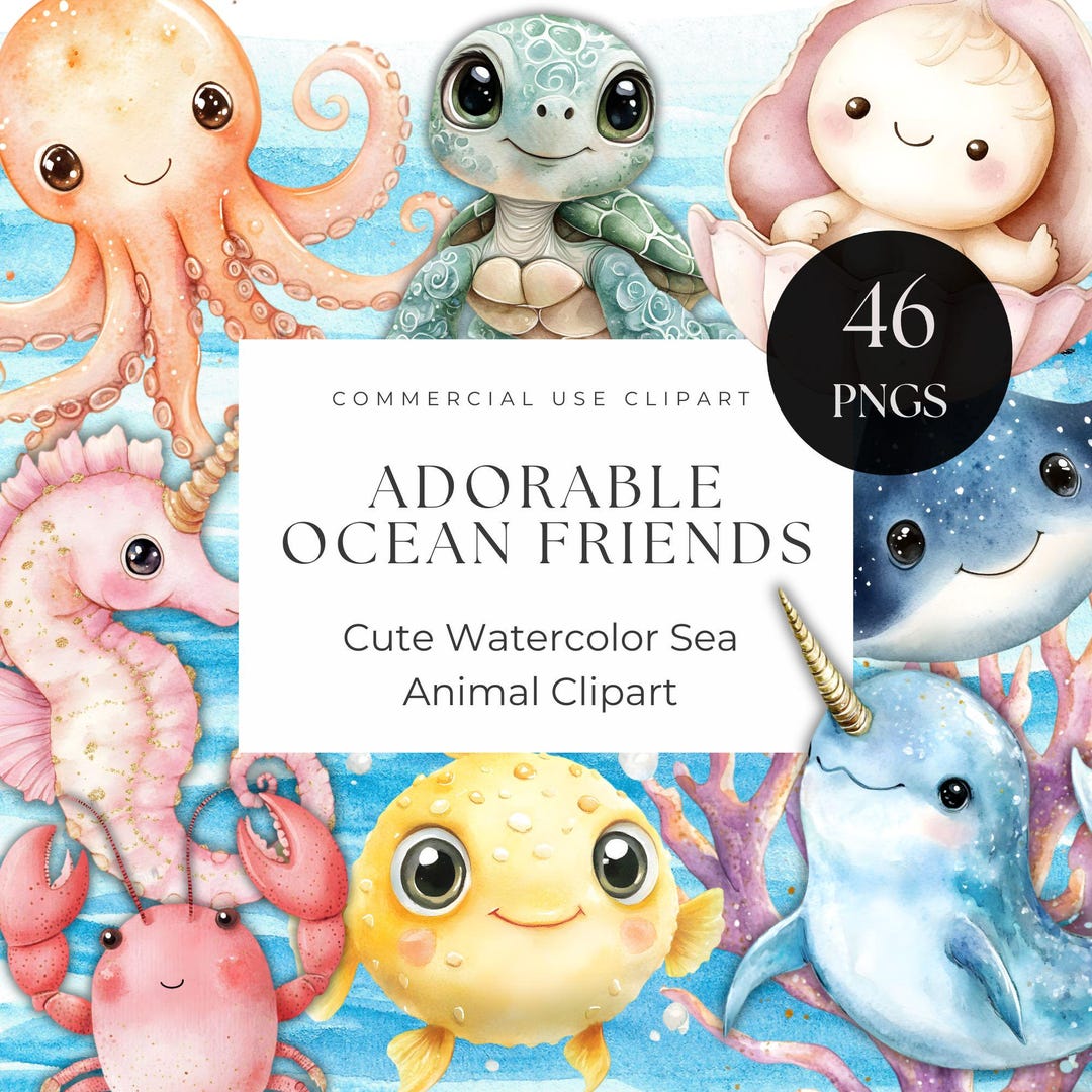 Cute Sea Animal Clipart | 46 Watercolor Ocean Creatures PNG | Under the ...