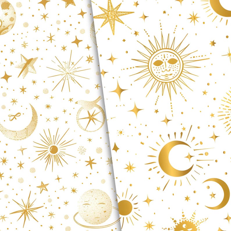 Celestial Seamless Patterns | 7 White & Gold Minimal Patterns | Digital ...
