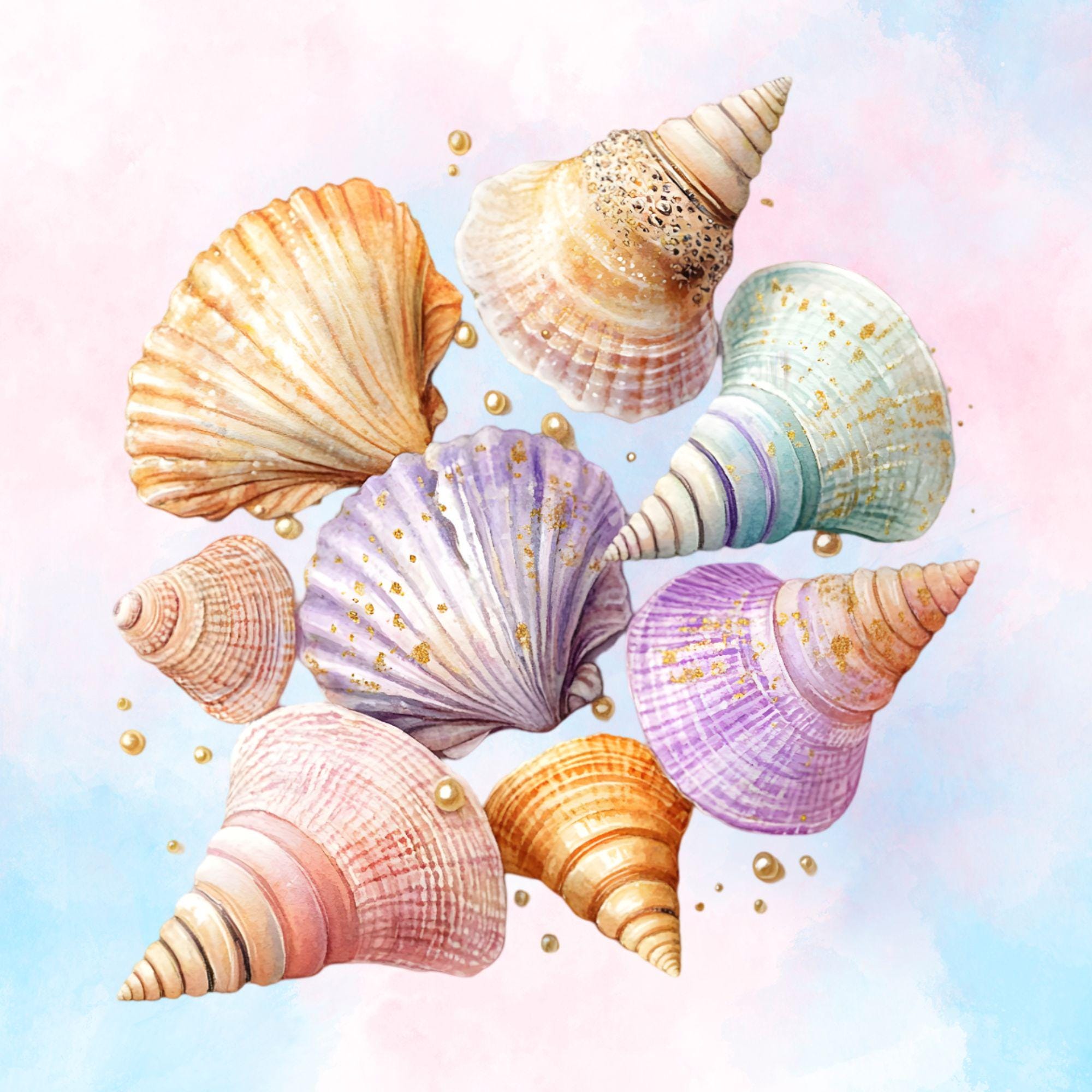 Watercolor Coral Seashell Clipart | 46 Iridescent Pastel PNG | Ocean ...