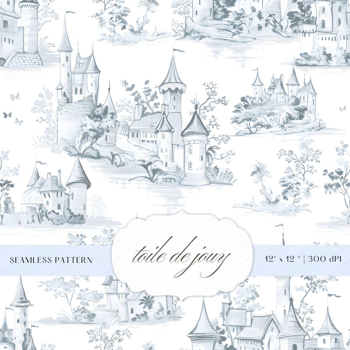Castle Chinoiserie Toile De Jouy | Hand Drawn Style | Elegant Seamless ...