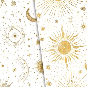 Celestial Seamless Patterns | 7 White & Gold Minimal Patterns | Digital Paper Pack for Crafts ...